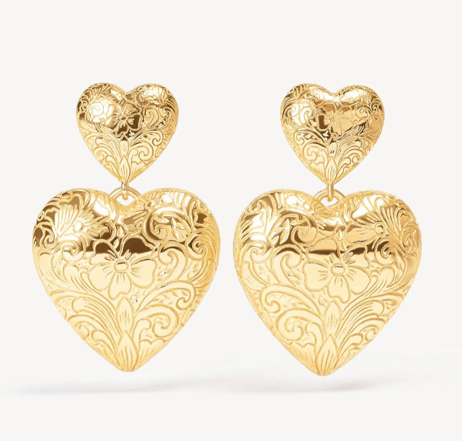 Hillberg and Berk Gold Etched Floral Heart Statement Earrings – The ...